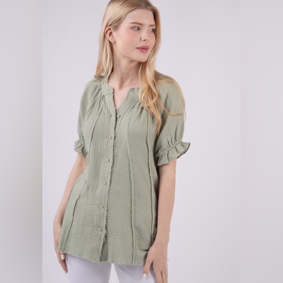 Anthropologie | Tops | Olive Green Raw Stitched Gauze Ruffled Puff ...